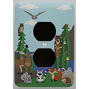 Woodland Forest Animal Switch Plate Outlet Covers, Children's Nursery Decor with Owls, Birds, Fox, Bear, Squirrel, Deer, Hedge Hog, Moose and a Raccoon. (Outlet Cover)