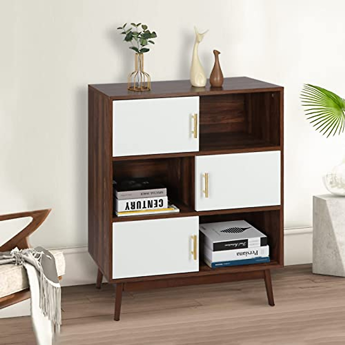 Anmytek Cube Bookcase with Doors and Display Shelves, Mid-Century Modern Bookshelf with Legs, Free Standing Walnut Storage Shelf Open Cabinet for Bedroom, Living Room, Office H0035