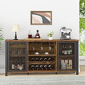 Launica Industrial Coffee Bar Cabinet, Wine Bar Cabinet for Liquor and Glasses, Liquor Cabinet with wine Rack Storage, Wood Metal Sideboard Buffet Cabinet for Home Kitchen Dining, Rustic Brown 55 Inch