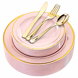 BUCLA 150PCS Pink Plastic Plates With Gold Rim - Pink Plates with Gold Plastic Silverware -Pink Disposable Plates for Easter Party, Bridal Shower, Mother’s Day and wedding