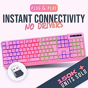 KLIM Chroma Wireless Gaming Keyboard RGB - New Version 2024 - Long-Lasting Rechargeable Battery - Quick and Quiet Typing - Water Resistant Backlit Wireless Keyboard for PC PS5 PS4 Xbox One Mac - Pink