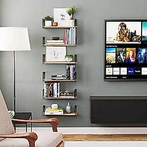 Wallniture Avila Floating Shelves, Wall Bookshelf Living Room Decor Shelves for Wall Storage, Kitchen Organization Home Office Decor DVD Storage Burnt, Set of 6