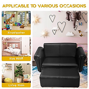 INFANS 2 Seat Children Sofa, Upholstered Couch with Footstool Sturdy Wood Construction, Armrest Couch for Preschool Children Boys Girls, Kid Couch Lounge Bed with Ottoman (Black)