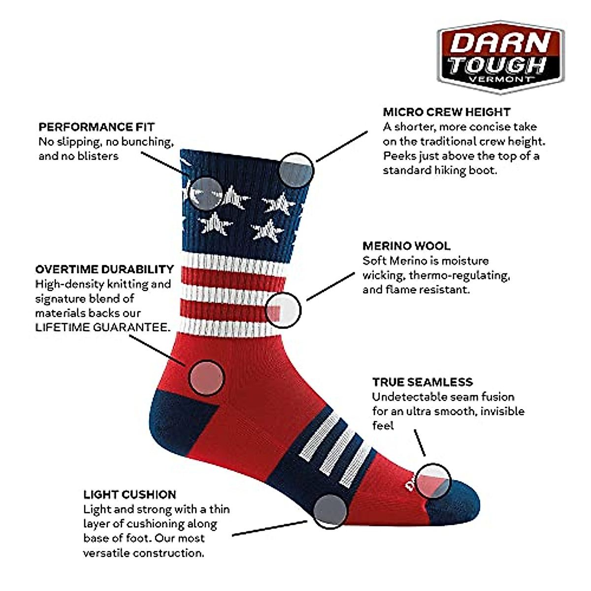 DARN TOUGH (Style 1976) Men's Captain Stripe Hike/Trek Sock - Stars and Stripes, Large
