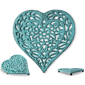 Cast Iron Heart Trivet | Decorative Cast Iron Trivet for Kitchen Countertop Or Dining Table | Vintage Design | 6.75X6.5 | with Rubber Pegs/Feet - Recycled Metal | Blue Color