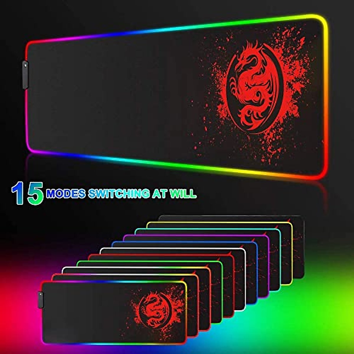 Large RGB Gaming Mouse Pad - 15 Light Modes Extended Computer Keyboard Mat, Anime Dragon Mouse Pad，High-Performance Mouse Pad Optimized for Gamer 31.5 X 12in (Red)