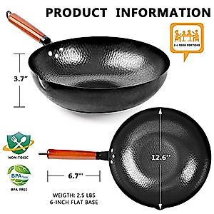 kaqinu Carbon Steel Wok Pan, 14 Piece Woks & Stir-Fry Pans Set with Wooden Lid & Cookwares, No Chemical Coated Flat Bottom Chinese Woks Pan for Induction, Electric, Gas, Halogen All Stoves - 12.6''