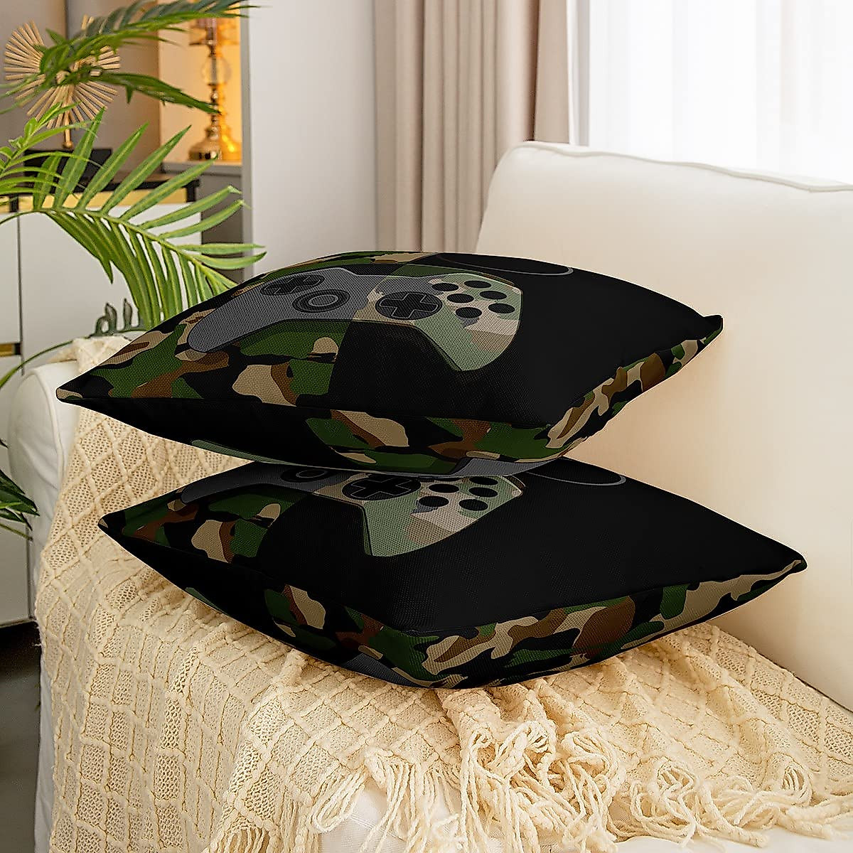 Gamer Throw Pillow Covers 16x16 Set of 2, Camo Gaming Pillow Covers For Kids Teens Man, Camouflage Glitter Honeycomb Cushion Covers, Game Console Decorative Accent Pillow Cases, Green Yellow