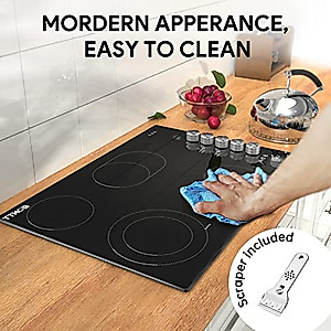 TTHOB Electric Cooktop 30 Inch, 4 Burners Built-in Radiant Electric Stove Top 220-240V 7700W, 9 Heating Level, Timer, Child Lock, Residual Heat Indicator, Pause Key, Knob Control, Hard Wired, No Plug