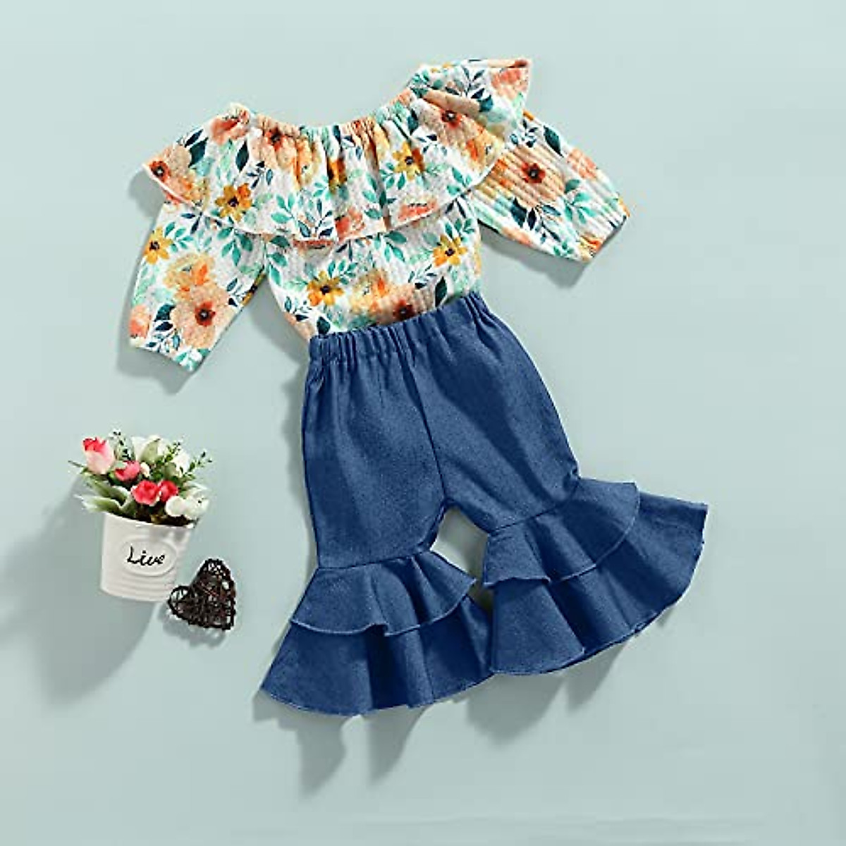 VISGOGO Baby Bell Bottoms Toddler Newborn Girl Outfits Fall Winter 3 6 9 12 18 Months Floral Print Flare Pants for Girls (Dark Blue, 0-3 Months)