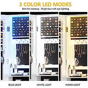 Vlsrka 47.2" LED Jewelry Mirror Cabinet, Wall/Door Mounted Jewelry Armoire Organizer with Full-Length Mirror, Large Capacity Storage Hanging Cabinet, 4 Drawers, 5 Shelves, Built-in Lighted Mirror