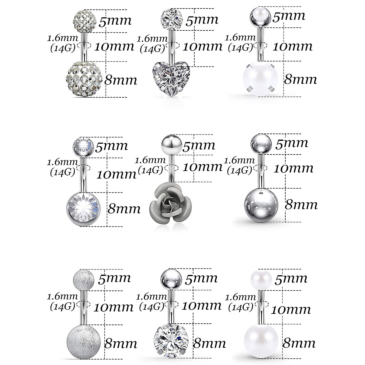 Vsnnsns 14G Belly Button Rings Belly Rings for Women Stainless Steel CZ Opal Belly Button Piercing Jewelry Belly Bars Curved Navel Ring Barbell Body Jewelry Piercing for Women Men Silver Black