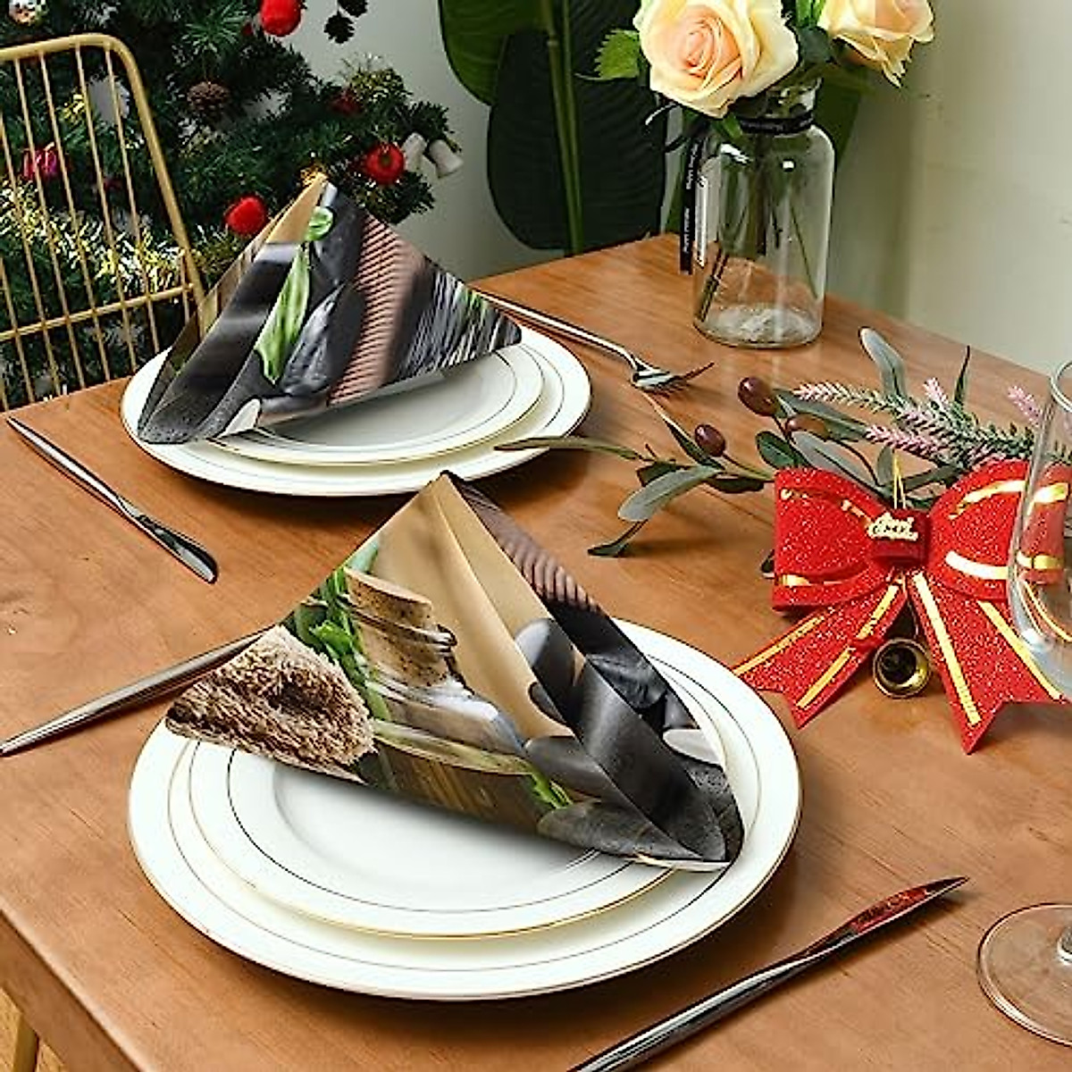 Haskirky Soft Reusable Satin Table Decorative Napkins,20x20InX1 PCSZen Basalt Stones on Wood,Family Dinner Wedding Banquet, Cocktail Party, Kitchen,Birthday Party