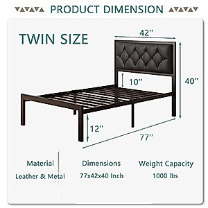 Feonase Twin Size Metal Bed Frame with Faux Leather Button Tufted Headboard, Heavy-Duty Platform Bed Frame with 12" Storage, Steel Slats Support, No Box Spring Needed, Noise Free, Black