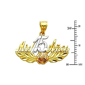 14k REAL Tri Color Gold 15 A?os Pendant with 1.5mm Diamond Cut Chain Necklace - 20"