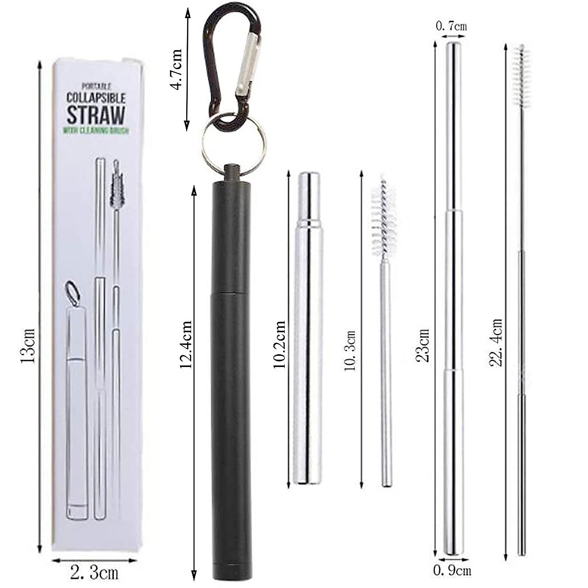 Hoshen Reusable Three-Section Foldable Metal Straw, Portable Telescopic Straw, Including Brush and Small Carabiner (Aluminum Alloy Shell), Black, 2 PCS