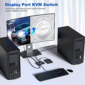 DiamondTiger KVM Switch DisplayPort - DP KVM Switch for 1 Monitor 2 Computers to Share Mouse, Keyboard, Printer, USB 2.0 Device and Ultra HD Monitor, Support 4K 60fps. Display Port Cable Included
