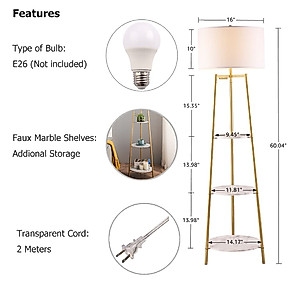 ROSEN GARDEN Floor Lamp, Standing Reading Light with Faux Marble Shelves and Fabric Shade, Modern Tall Pole, Accent Furniture Décor Lighting for Living Room, Bedrooms