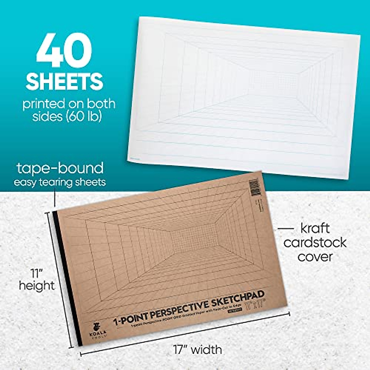 Koala Tools - 40-Page Large Drawing Pad for 1-Point Perspective Drawing, Sketch Pad with Grid Graph Paper for Interior Room Design, Industrial, Architectural and 3D Design, 11 x 17 inches