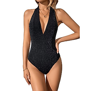 WDIRARA Women's Sparkly Sexy Halter Backless Chain Sleeveless Deep V Neck Party Bodysuit Black Tall XL