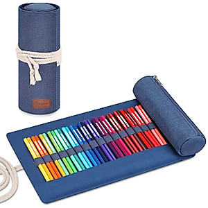 FINPAC Pencil Case, Large Capacity Roll-Up Pencil Pouch Wraps, Pen Pouch Stationery Storage Organizer, Office Stationery Supply, Navy