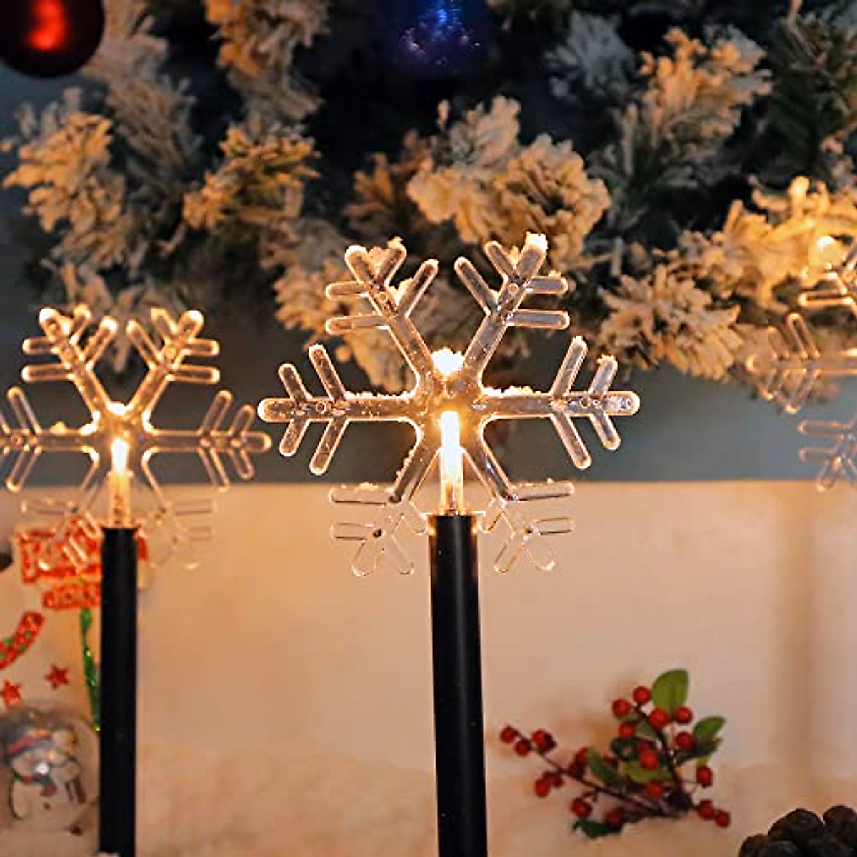 Yemaxi Christmas Led Landscape Pathway Lights Battery Operated with Timer Function Waterproof for Outdoor Patio Porch Lawn Garden Yard Decoration Warm White 5 Pack (Snowflakes)