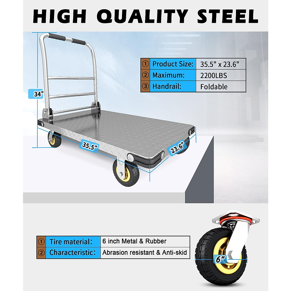 Platform Truck cart, Flatbed cart, 2200 pounds.with 6-inch Rotating Wheels Large Platform Suitable for Grocery Stores, garages, Offices, Storage Rooms (Silver) (35.4x23.6 inch)