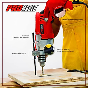 PROMAKER 7.5AMP Hammer Drill, 1/2-inch Corded Hammer Drill with accessories, Variable speed 0-3000 RPM, option to choose Impact and Hammer Drill. PRO-TP850KIT.