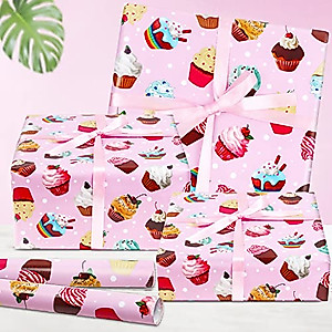 Birthday Wrapping Papers, 7 Sheets Pink Cupcake Muffin Printed Pattern Gift Wrap Papers, 20 x 28 inch Per Sheet Folded Flat with 1 Roll Pink Ribbon for Kids Girls Boys Birthday Baby Shower