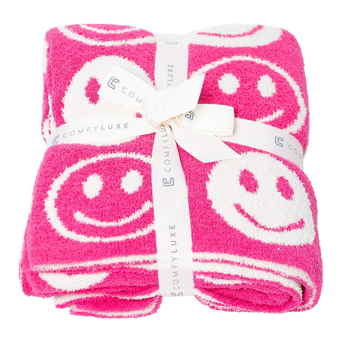 Happy Face Knitted Throw Blankets Reversible Soft Knit Blanket with Two-Toned Cute Pattern Bed Throws Fuzzy Kids Blanket Warm Cozy for Home Couch Sofa (Rosy)