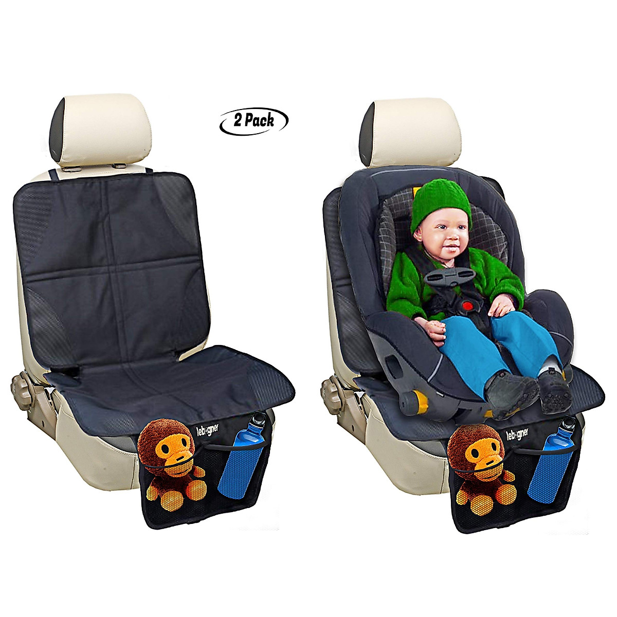 Car Seat Protector by Lebogner - “2 Pack” Luxury Anti-Slip Mat Cover Protector to Keep Clean and Protect Your Auto Leather and Upholstery Seats from Damage, Includes 2 Handy Mesh Storage Pockets