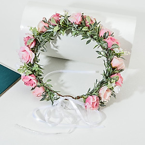 Funsveta Floral Headpiece Garland Halo Maternity Photo Shoot Flower Crown Eucalyptus Leave Headband Wedding Headpiece (Green Leaf and Pink)