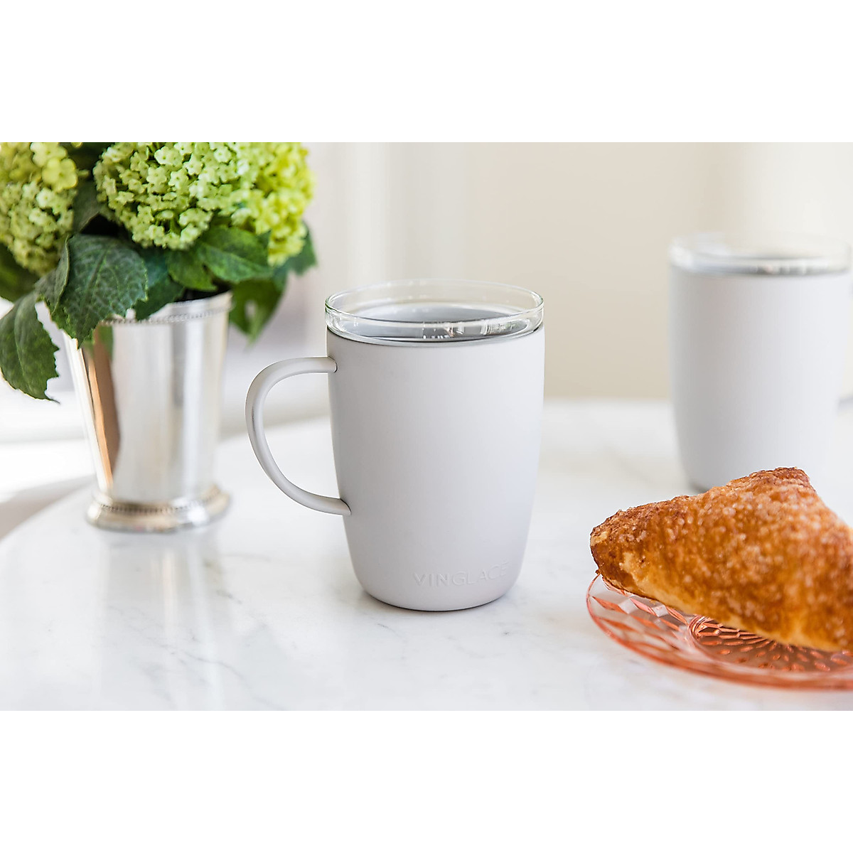 Vinglacé Stainless Steel Coffee Mug- Insulated Hot and Cold Beverage Cup with Glass Insert and Lid, 12 oz, Stone