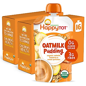 Happy Tot Organics Oatmilk Pudding, Dairy-Free, Stage 4 Toddler Snack, Oatmilk, Bananas & Sweet Potatoes, 4 Ounce Pouch, Pack of 16