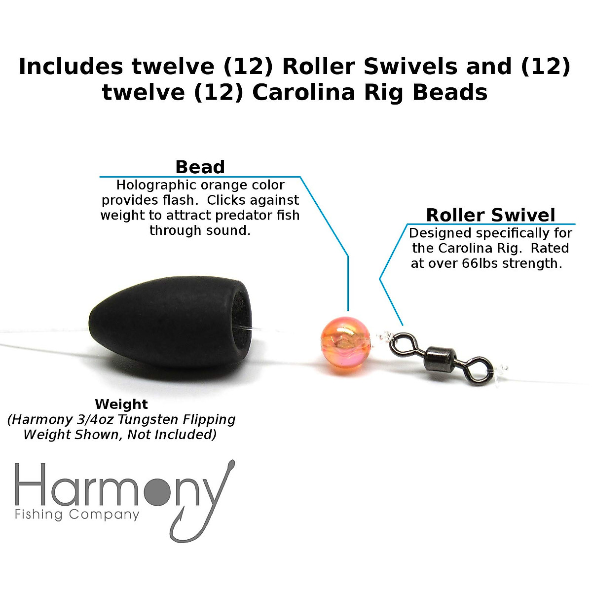 Carolina Swivel Kit (12 Pack) – 12 Roller Swivels, 12 Carolina Rig Beads for Bass Fishing