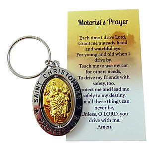 St Christopher Metal Keychain Travel Saint Key Ring with Motorist Prayer Holy Card Set