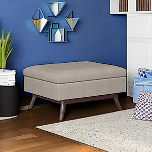 SIMPLIHOME Owen 34 inch Wide Mid Century Modern Rectangle Coffee Table Storage Ottoman in Natural Linen Look Fabric, Assembled, for the Living Room, Entryway and Family Room