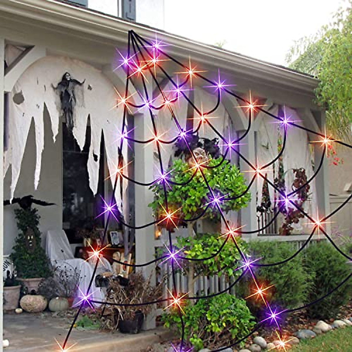 Dazzle Bright 135 LED Spider Web Halloween Lights, 16FT x 13FT Giant Halloween Decorations for Indoor Outdoor House Garden Yard Party (Purple & Orange)