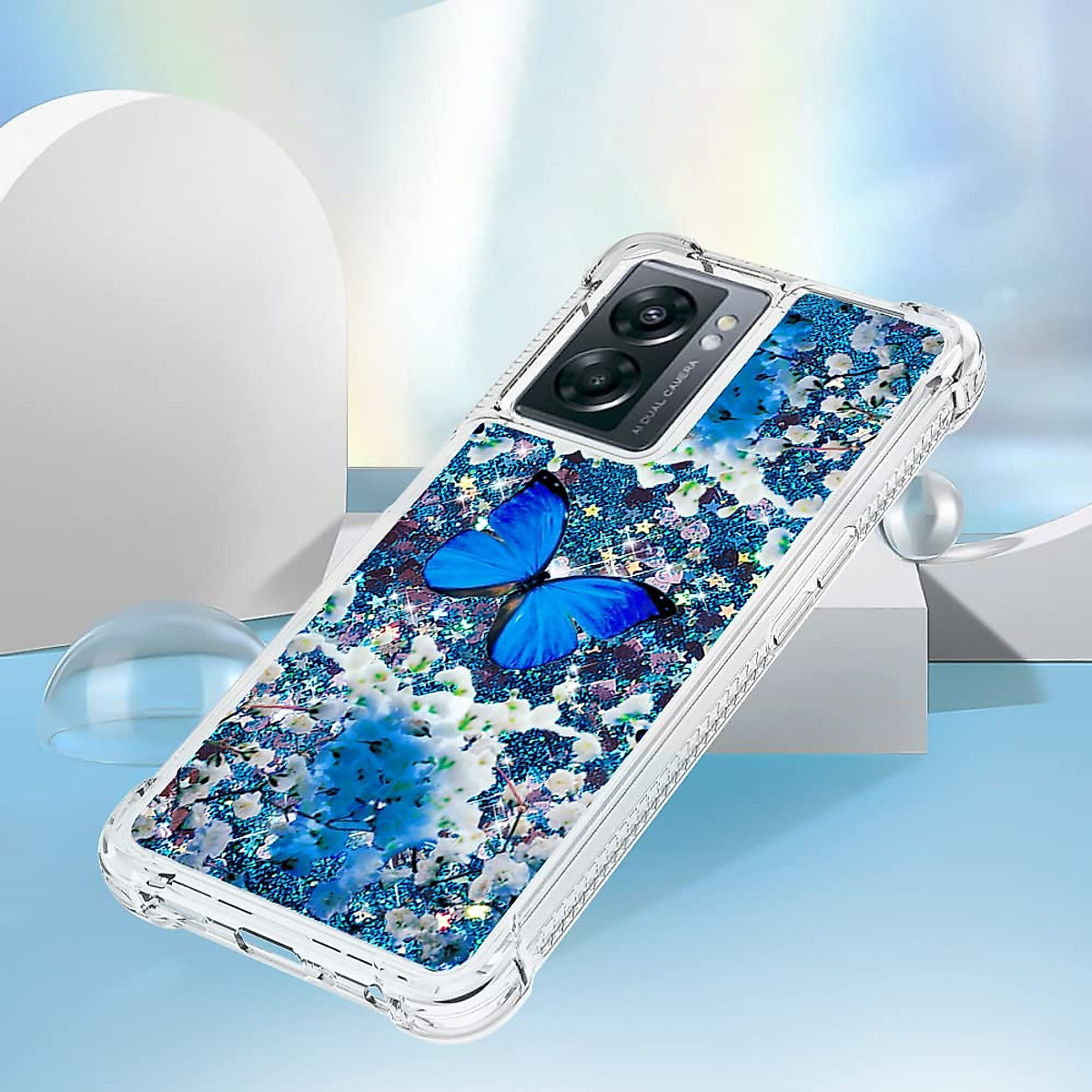 CAIYUNL Oneplus Nord N300 5G Case, Glitter Bling Floating Liquid Women Girls Phone Cover with Tempered Glass Screen Protector-Blue Butterfly