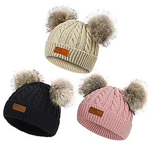 Century Star Baby Hat Winter Baby Girls Hats Knit Warm Hat for Baby Boys Infant Toddler Beanie Z Pom Pom Khaki & Black & Deep Pink