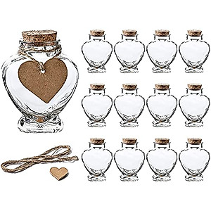 WHOLE HOUSEWARES | Heart Jar Shaped Glass Favor Jars with Cork Lids | Set of 12 | 5oz Glass Wish Bottles with Personalized Heart Shaped Label Tags and String (12)
