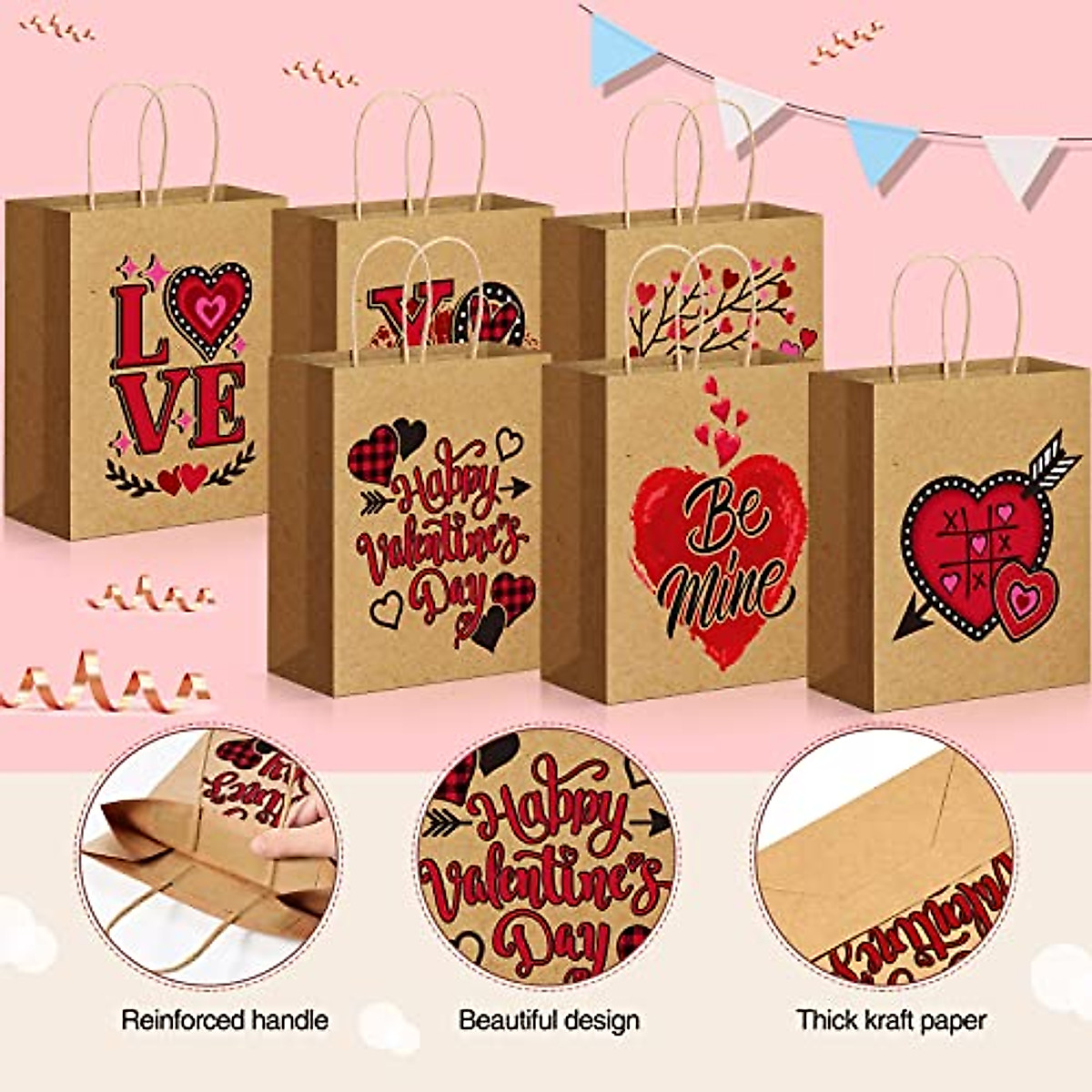 36 Pack Valentine's Day Paper Gift Bags with Handle Valentines Candy Bags, Goodie Bags Valentine's Day Party Favors for Funny Gift Exchange Novelty Gift Giving Gift Wrapping