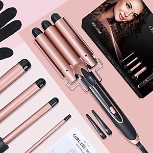 Curling Iron, 5 in 1 Curling Wand Set with 3 Barrel Hair Crimper Hair Tool & 4 Interchangeable Ceramic Curling Wand(0.35”-1.25”), 2 Temps, Instant Heating, Include Heat Protective Gloves & 2 Clips