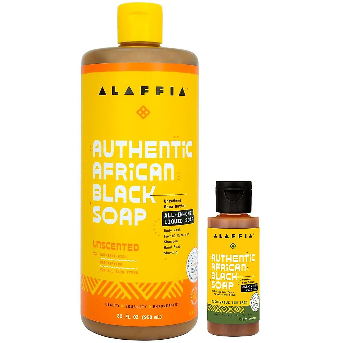 Alaffia Authentic African Black Soap Variety 2-Pack – All-In-One Liquid Soap, Travel-Size Eucalyptus Tea Tree + Full-Size Unscented Body Wash, Face Wash, Shampoo, Shaving Soap