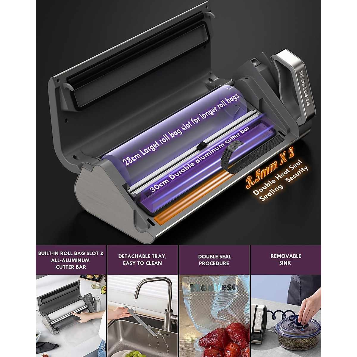 Mesliese Vacuum Sealer Machine, 95kPa 140W One Hand Operation Food Sealer, Double Seal Strip with Build-in Cutter & Countdown Display, 2 Bag Rolls, 5PCS Pre-cut Bags, PULSE & Marinate Enabled