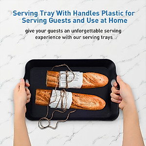 LEEHOWA 3 Pack 14 inches Plastic Tray with Handles Rectangle Serving Set, Multipurpose Waterproof, Non Slip Trays for Food, Parties, Coffee Table, Buffets, Breakfast(Black Wood Grain)