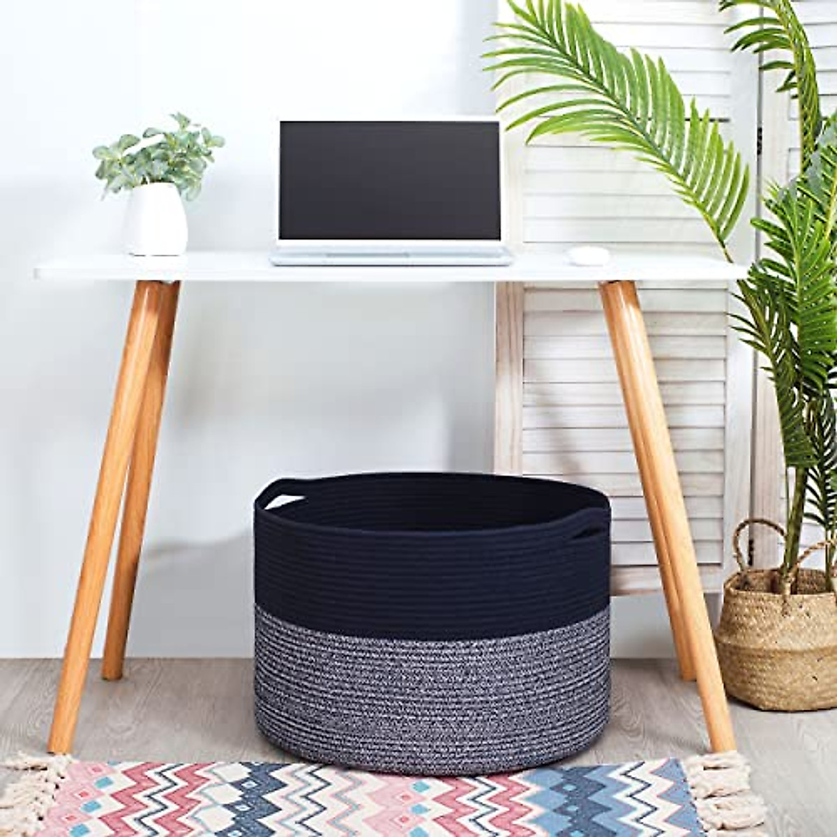 MINTWOOD Design Extra Large 22 x 14 Inches Blanket Storage Basket, Laundry Basket, Decorative Woven Cotton Rope Baskets for Blanket Storage Living Room, Toy Storage Basket Bin, Navy Blue