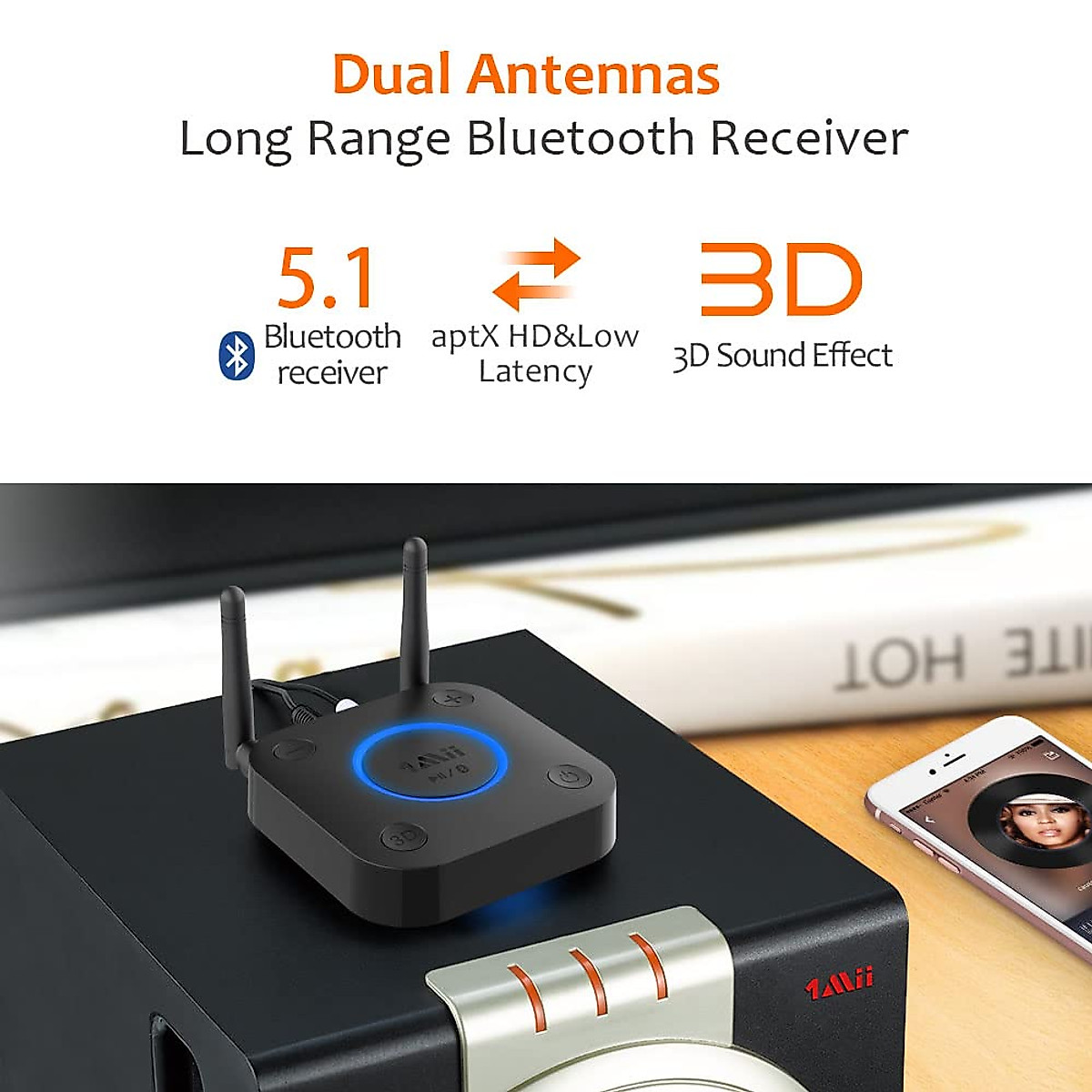 [Upgraded] 1Mii B06Pro Long Range Bluetooth Receiver, HiFi Wireless Audio Adapter, Bluetooth 5.1 Receiver with 3D Surround aptX HD Low Latency Optical RCA AUX 3.5mm Coaxial for Home Stereo System