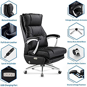 LEAGOO Automatic Executive Office Chair High-Back Electric Reclining Office Chair with Footrest, Ergonomic Computer Desk Chairs with Wheels and Linkage Arms Swivel Rolling Chair with Genuine Leather