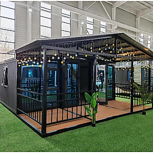 Portable Prefabricated Tiny House 20X20ft, Mobile Expandable House, Outdoor Storage, Modern Study Steel Storage House Garden Houses，Customizable Room, Kitchen, Bathroom and Balcony